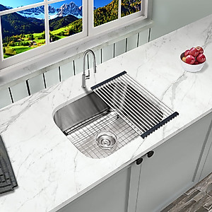 KABCO 23 Inch Single Bowl Stainless Steel Classic Kitchen Bar Sink, Rust, Sound and Heatproof Swirl Finish Stainless Steel Deep Sink with Kitchen Sink Strainer, Bottom Sink Grid and a Rolling Up Grid