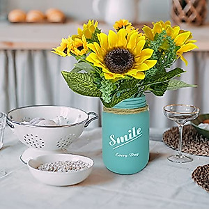 FADALO ART Mason Jar Decor Fake Flower Sunflowers Centerpieces for Dining Room Table Decorations for Living Room Rustic Farmhouse Decor Coffee Table Decor, Teal Blue#01