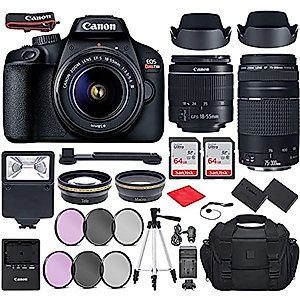 T100 DSLR Camera with EF-S 18-55mm F/3.5-5.6 III, EF 75-300mm f/4-5.6 III Lense Bundle, Travel Kit + Accessories(Gadget Bag, Extra Battery, Digital Slave Flash, 128Gb Memory and More)