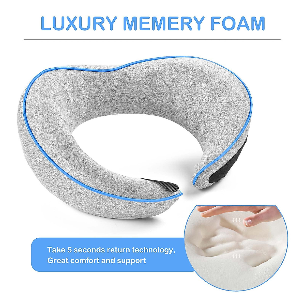 Cozary Travel Neck Pillow Portable Soft Memory Foam Neck Support Travel Pillow U Shape Supportive Adjustable Neck Pillows with Skin Friendly Breathable Cover for Travel Office Car Bus Plane Grey
