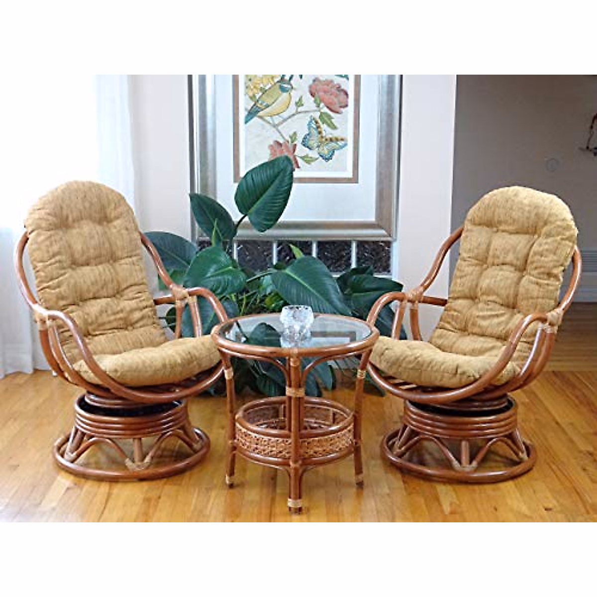 Bali Lounge Swivel Rocking Chair with Light Brown Cushion Natural Rattan Wicker Handmade, Colonial
