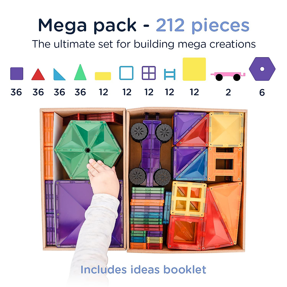 Connetix Tiles 212 Piece Mega Pack, Premium Educational Magnetic Building Set, Features Large Hexagons and Squares, Regular Geometric Tiles, Door and Window Pieces, Fences, 2 Purple Cars, and More