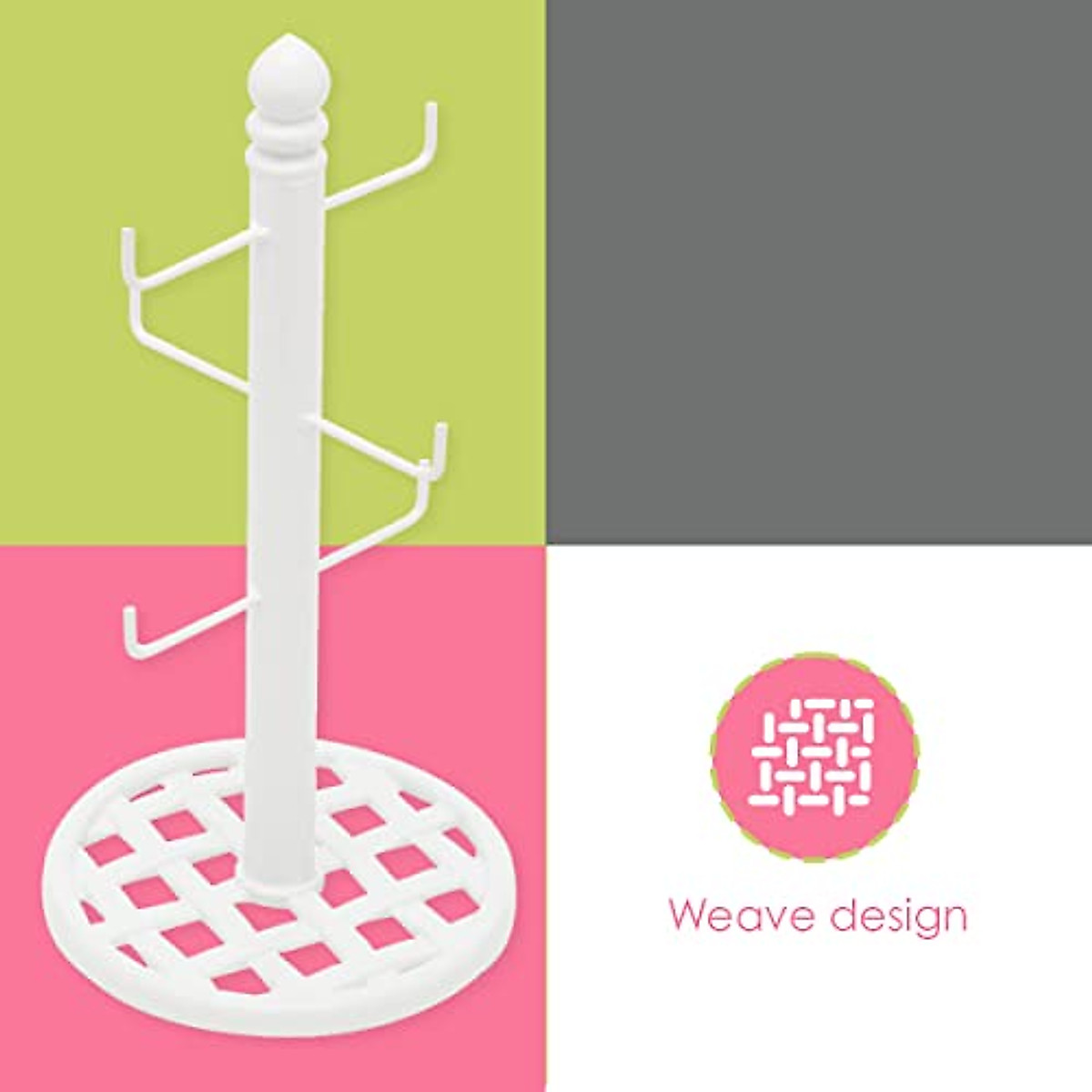 Home Basics Weave 6 Hook Cast Iron Mug Tree, White | Round Base | Rubber Feet | Strong Branches to Hold Mugs