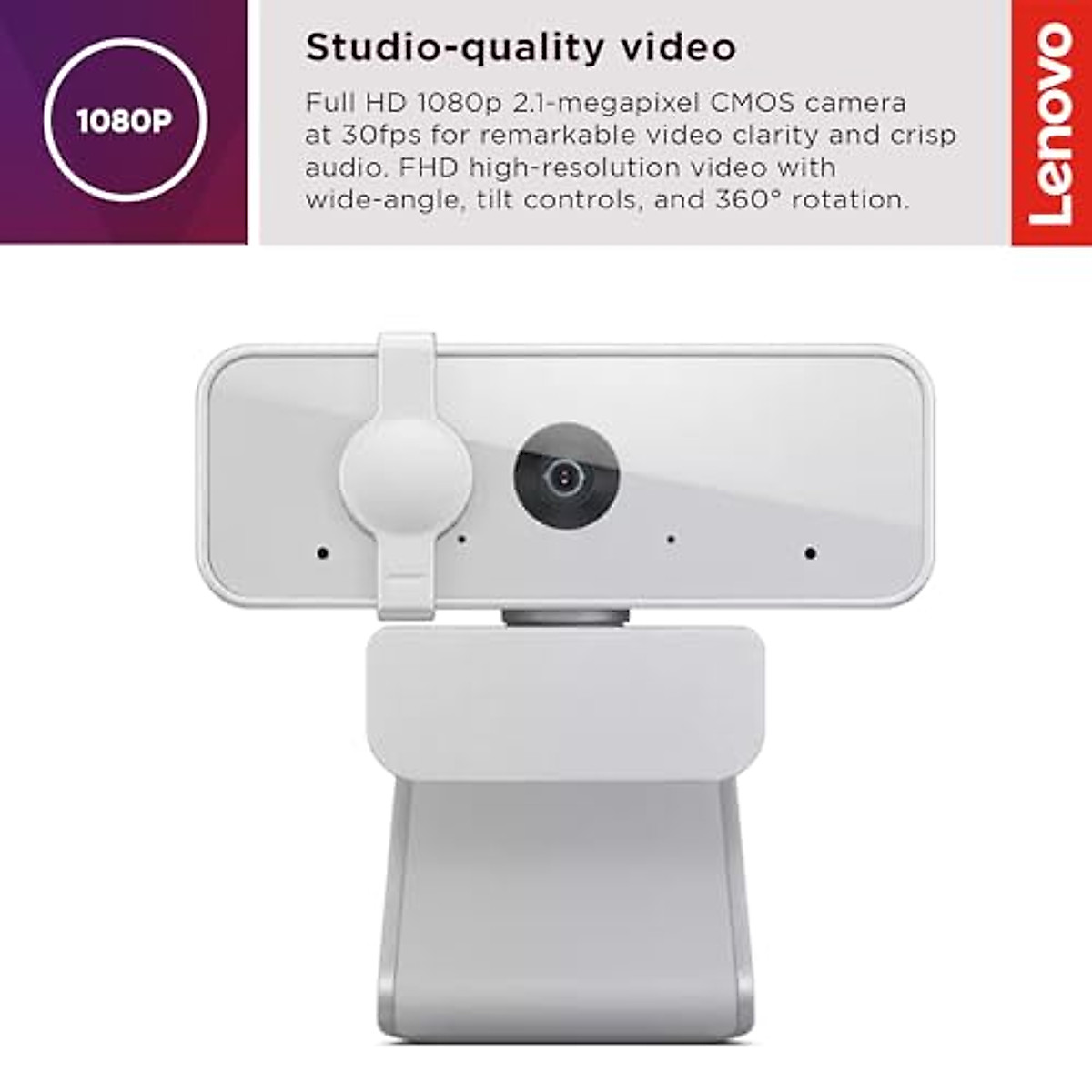 Lenovo HD 1080p Webcam (300 FHD) - Monitor Camera with 95° Wide Angle, 360° Rotation Pan & Tilt, Dual Microphones – Attachable Desktop Cam with Privacy Shutter for Remote Work, Streaming & Gaming