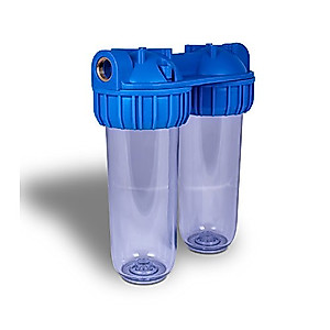 Dual Whole House Water Filter System, Transparent Standard Housings, Presser Relief Button, 3/4” Inlet/Outlet Brass Port, Meets NSF Standards & Regulations (Carbon and Wound String Sediment Filters)