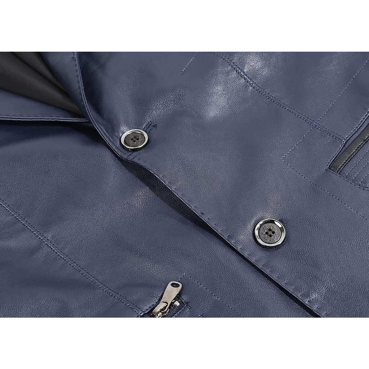 CHARTOU Men's Regular Fit Button Down Lined Business Lambskin Leather Jacket Blazer with Pockets (X-Large, Navy)