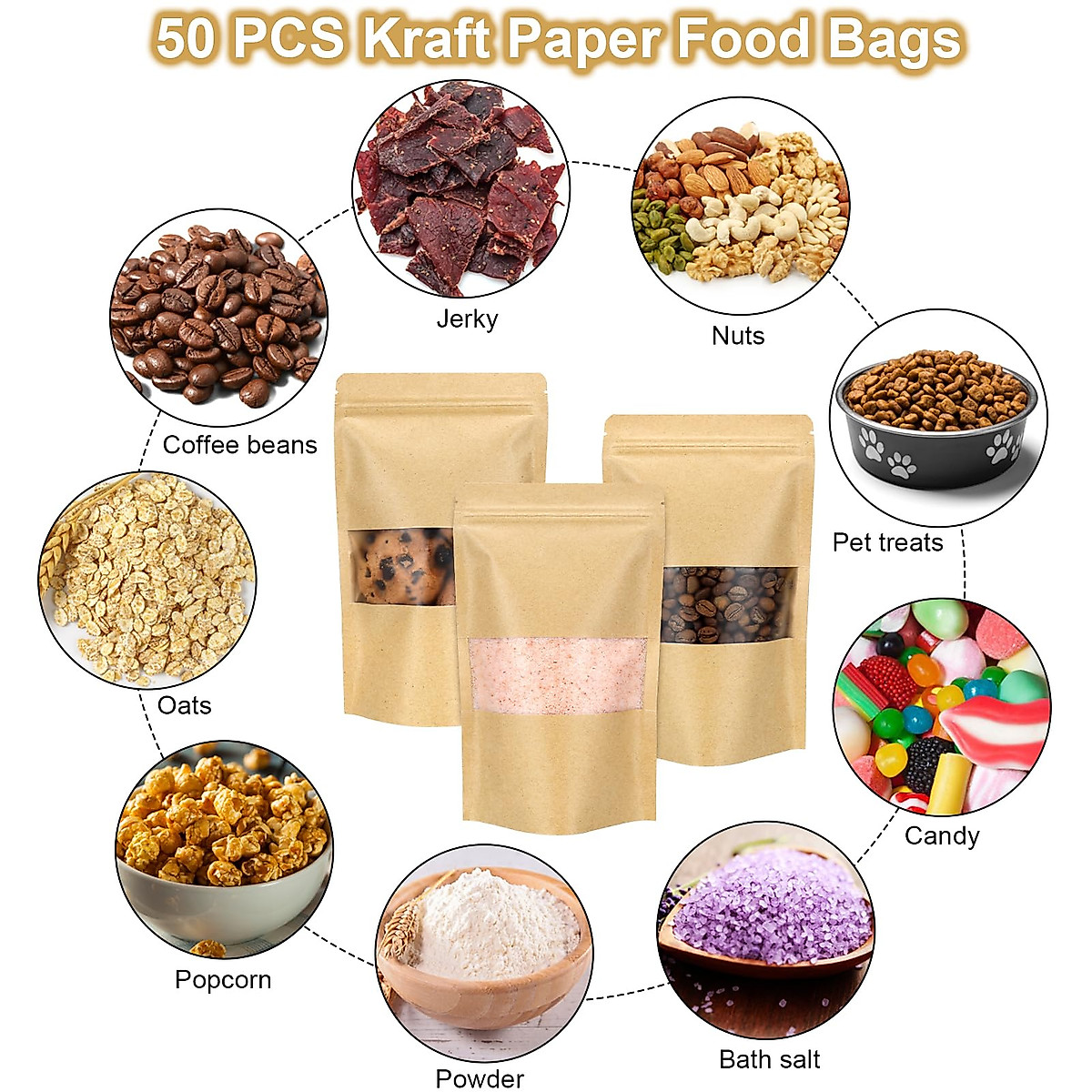 Blisstime Stand Up Pouch Bags, 50 Pack Kraft Paper Zip Lock Pouches with Matte Window and Tear Notch Resealable Bags for Small Business Home Use (4.7" X 7.9")