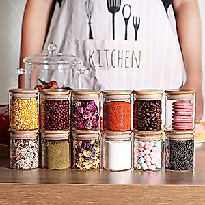 12 Piece Glass Storage Jars Set with Bamboo Lid, 6oz Glass Spice Canisters, Mini Glass Mason Jars with Airtight Lid for Kitchen Corner, Suit for Sugar, Cookies,Rice Flour and Other Dry Food Storage