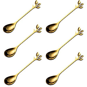 Demitasse Espresso Spoon Set of 6 Leaf Specialty Spoons Stainless Steel Teaspoons Mirror Polishing Coffee Spoons for Dessert Sugar Tea Appetizer (Gold)
