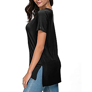 Herou Women Black Short Sleeve Tops Casual Summer Crewneck T-Shirt Tees with Side Split Black X-Large