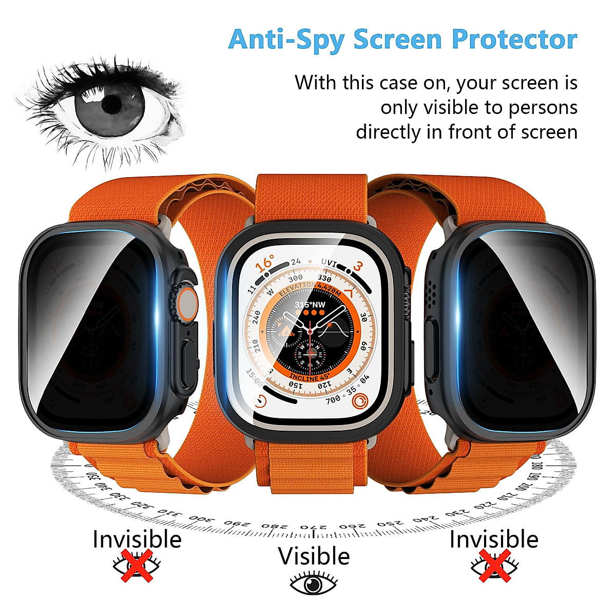 COMMUTER 3 Pack for Apple Watch Ultra 49mm Privacy Screen Protector with Hard PC Case, [Anti-Peeping] Tempered Glass Cover Bumper for iWatch Series 8 Ultra 49mm, Black/Black/Black