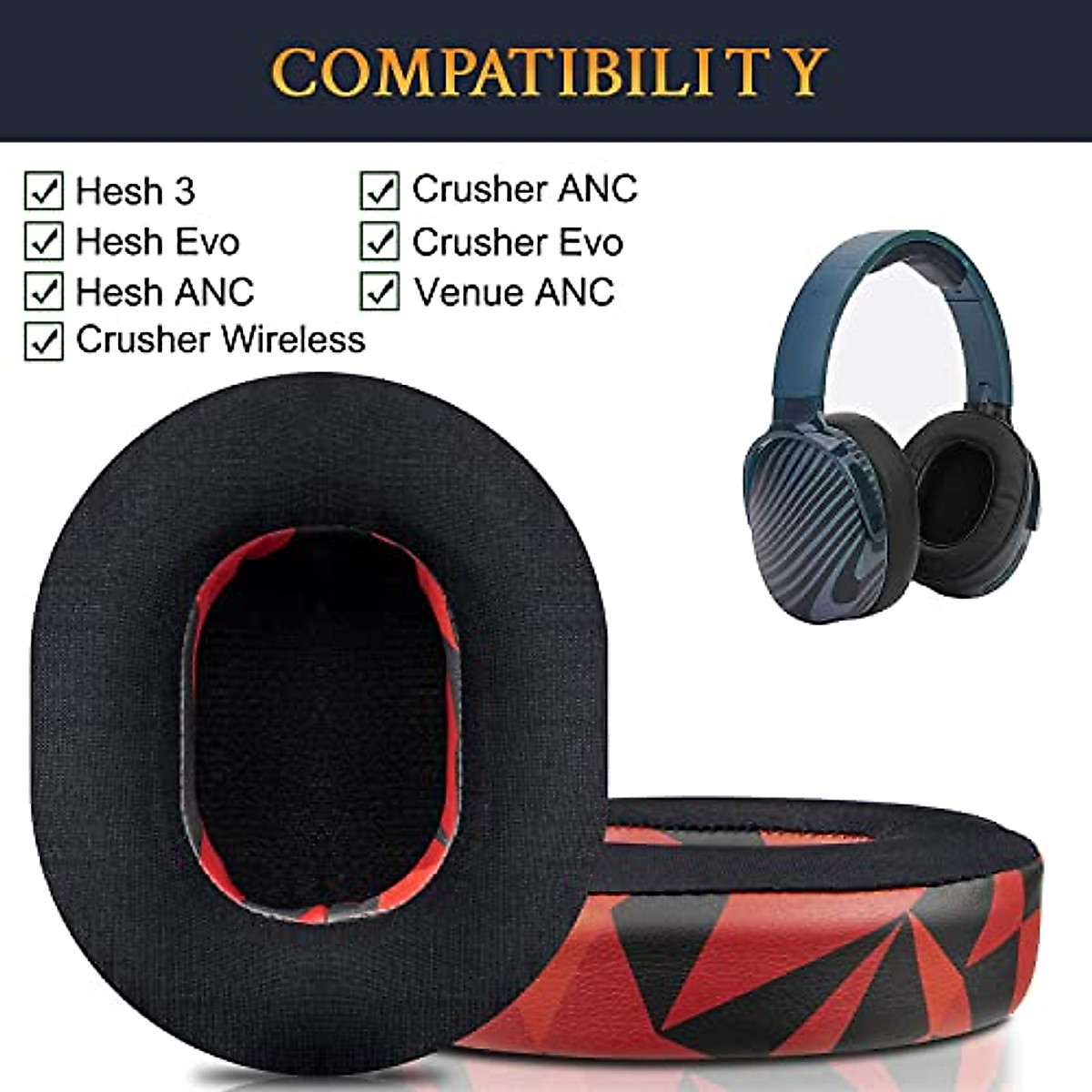 SOULWIT Cooling-Gel Earpads Cushions Replacement for Skullcandy Hesh 3/ANC/Evo & Crusher Wireless/ANC/Evo & Venue ANC Over-Ear Headphones,Ear Pads Cushions with Noise Isolation Foam - Red Storm