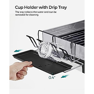 SONGMICS Dish Drying Rack, Stainless Steel Dish Rack with Rotatable Spout, Drainboard, Fingerprint-Resistant Dish Drainers for Kitchen Counter, 12.5 x 22.5 in, Silver and Black UKCS030B01