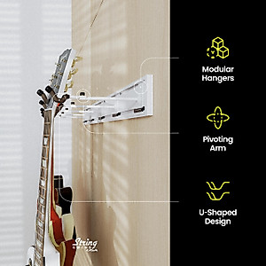 String Swing Guitar Wall Rack, Multiple Guitar Wall Mount, Guitar Organizer for Acoustic & Electric Guitars, 5 Padded Arm Hangers & White Slatwall Rail, Wall Mount Guitar Rack - MADE IN USA