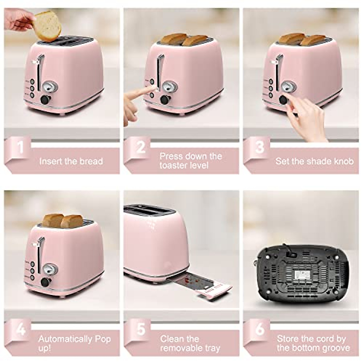 Toaster 2 slice,Retro Stainless Steel Toaster with 6 Settings, 1.5 In Extra Wide Slots, Bagel/Defrost/Cancel Function, Removable Crumb Tray (Baby pink)