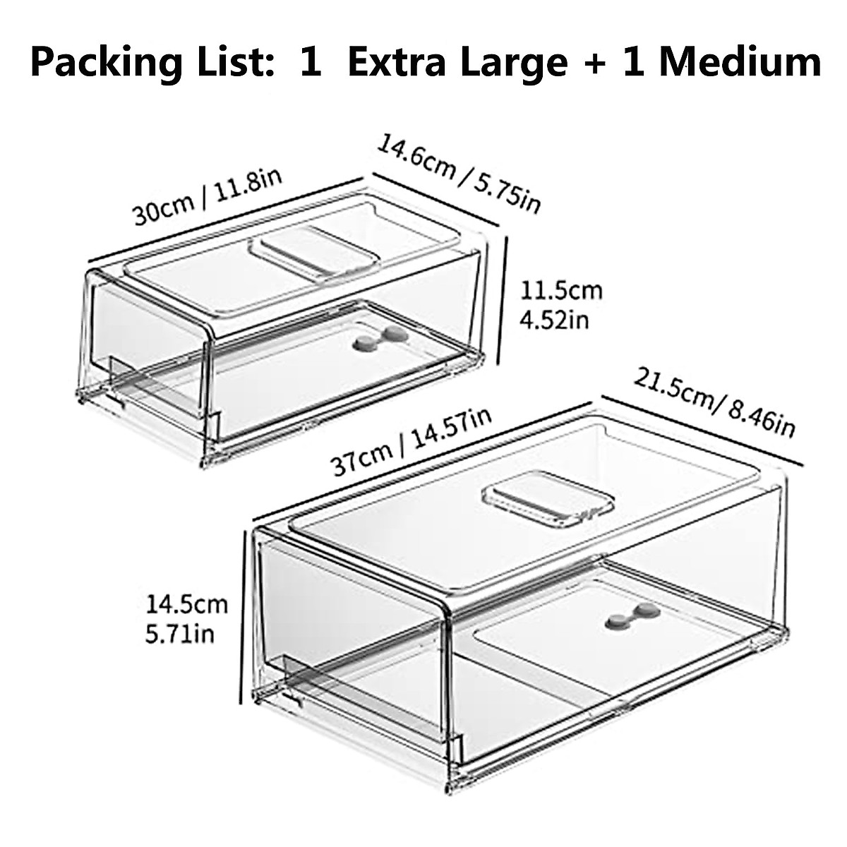 YekouMax Pantry Organization and Storage Bins, Refrigerator Organizer, Plastic Stackable Storage Bins with Drawers, Pull-Out Cabinet Containers for Fridge Kitchen Office (2 PACK, Extra Large & Medium)