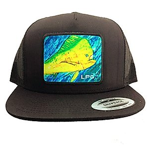 LPG Apparel Co. Mahi Vibes Cali Style Snapback Flat Brim Fishing Art Patch Series Baseball Hat Black, Large