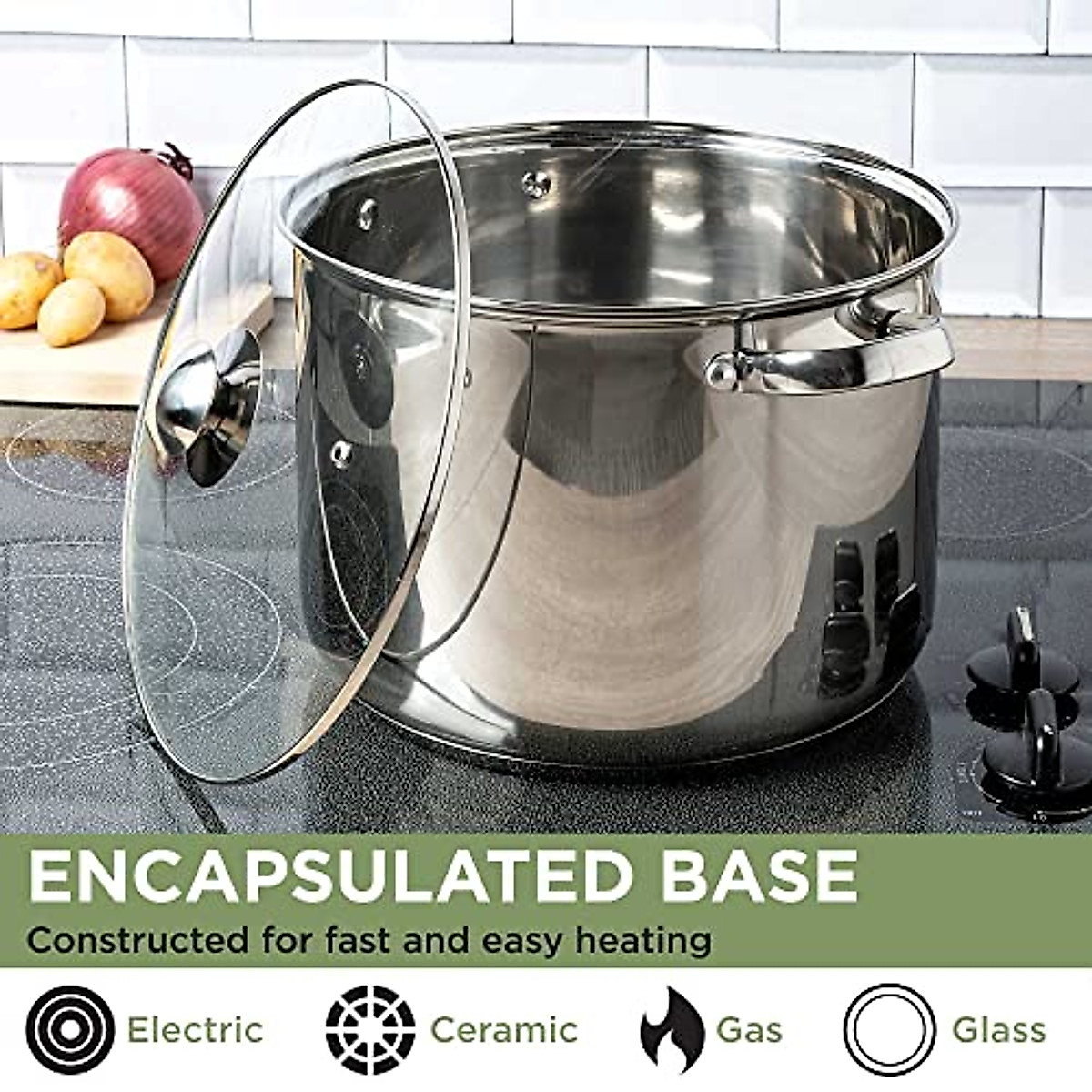 Ecolution Stainless Steel Stock Pot with Encapsulated Bottom Matching Tempered Glass Steam Vented Lids, Made Without PFOA, Dishwasher Safe, 12-Quart, Silver