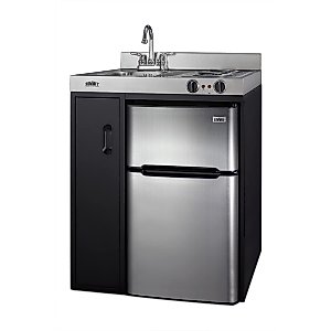Summit Appliance C30ELBK 30" Wide All-in-One Kitchenette in Black with a 2-Burner 115V Coil Cooktop, 2-Door Refrigerator-Freezer, Sink, and Large Storage Cabinet