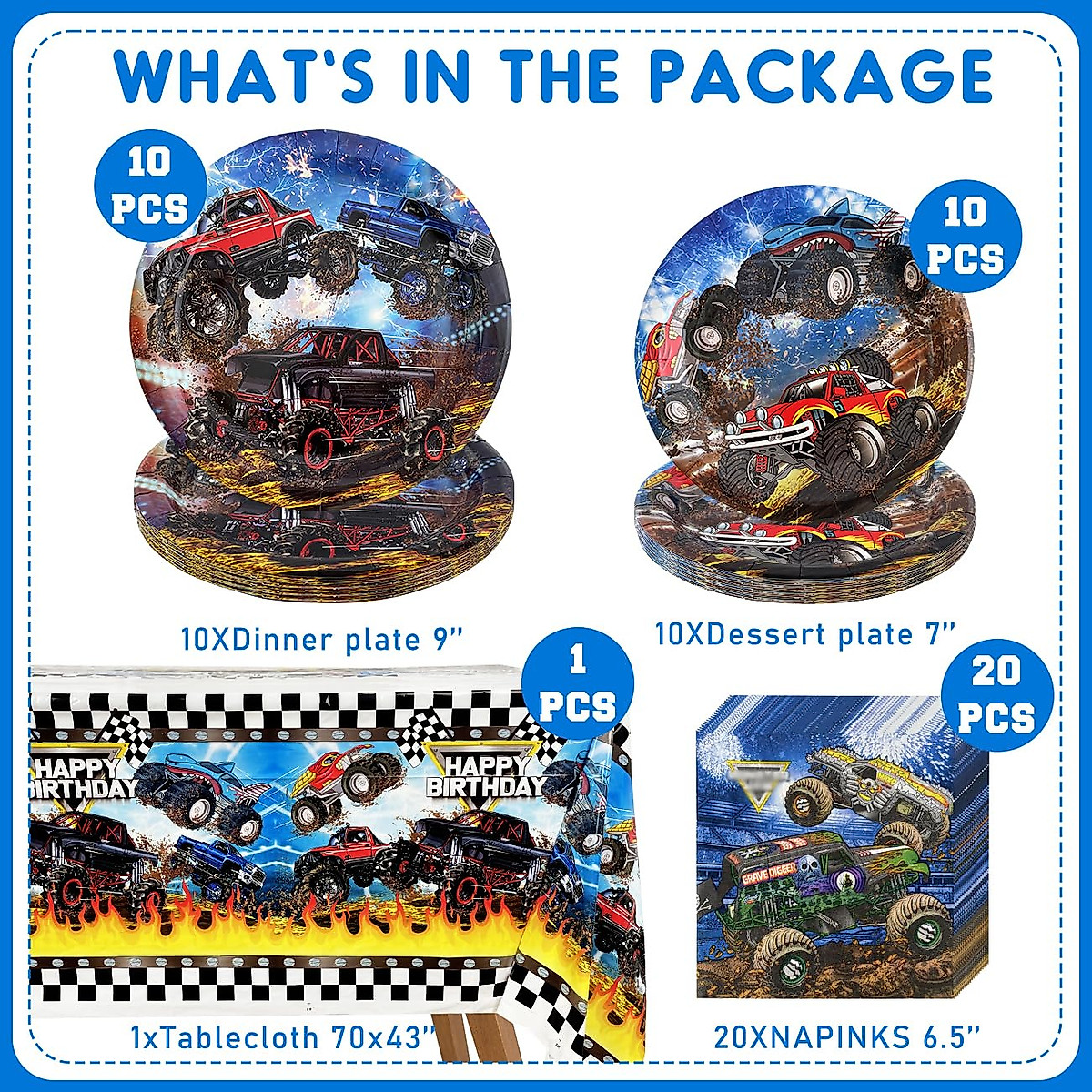 Truck Birthday Party Decorations, 41Pcs Truck Themed Party Tableware set include 1 Tablecloth, 10 Plates 7",10 Plates 9" and 20 Napkins for Boys Race Car Themed Birthday Party