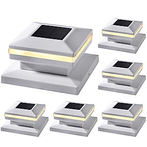 Dynaming 6 Pack Solar Post Lights, Outdoor Decorative Post Cap Light, Solar Powered White Shell Caps, Brightness Warm White LED Lighting for Fence Deck Patio, Fit 4x4, 5x5 or 6x6 Vinyl/Wooden Posts
