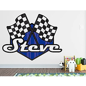 Race Flag Name Wall Decal - Personalized Wall Art for Boys, Baby, and Kids - Custom Name Wall Decal with Race Car Theme - Checkered Flag Wall Stickers - Wall Letters Decor for Bedroom