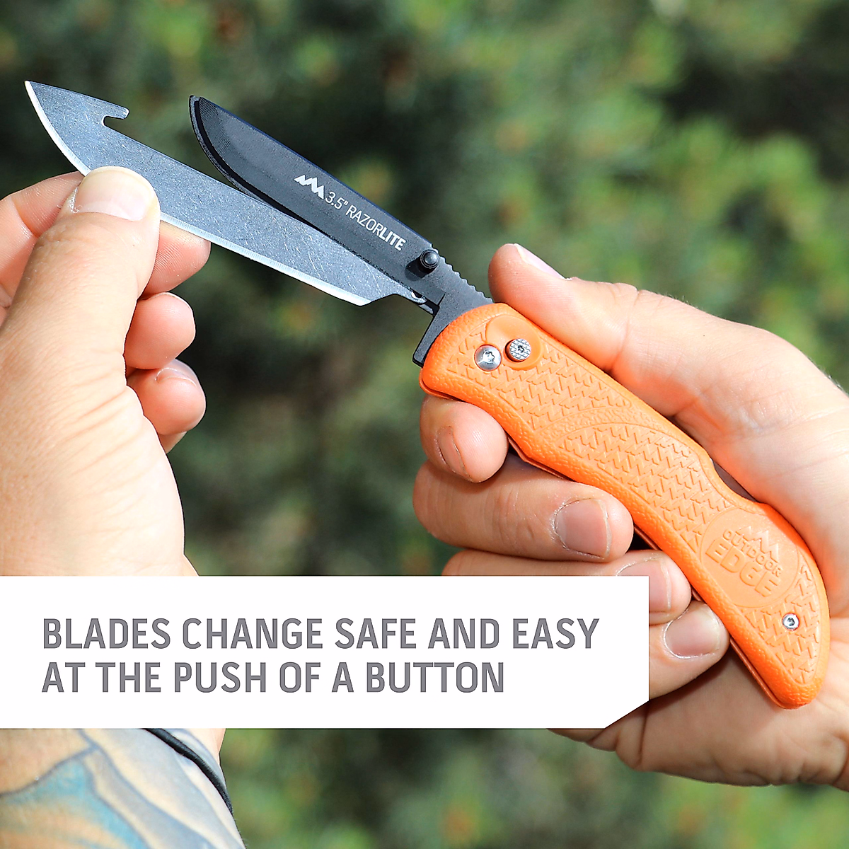 OUTDOOR EDGE RazorBlaze, RB-20, 3.5" Replaceable Blade Folding Hunting Knife, Non-Slip Rubberized TPR Handle, Mossy Oak Nylon Sheath (Blaze Orange)