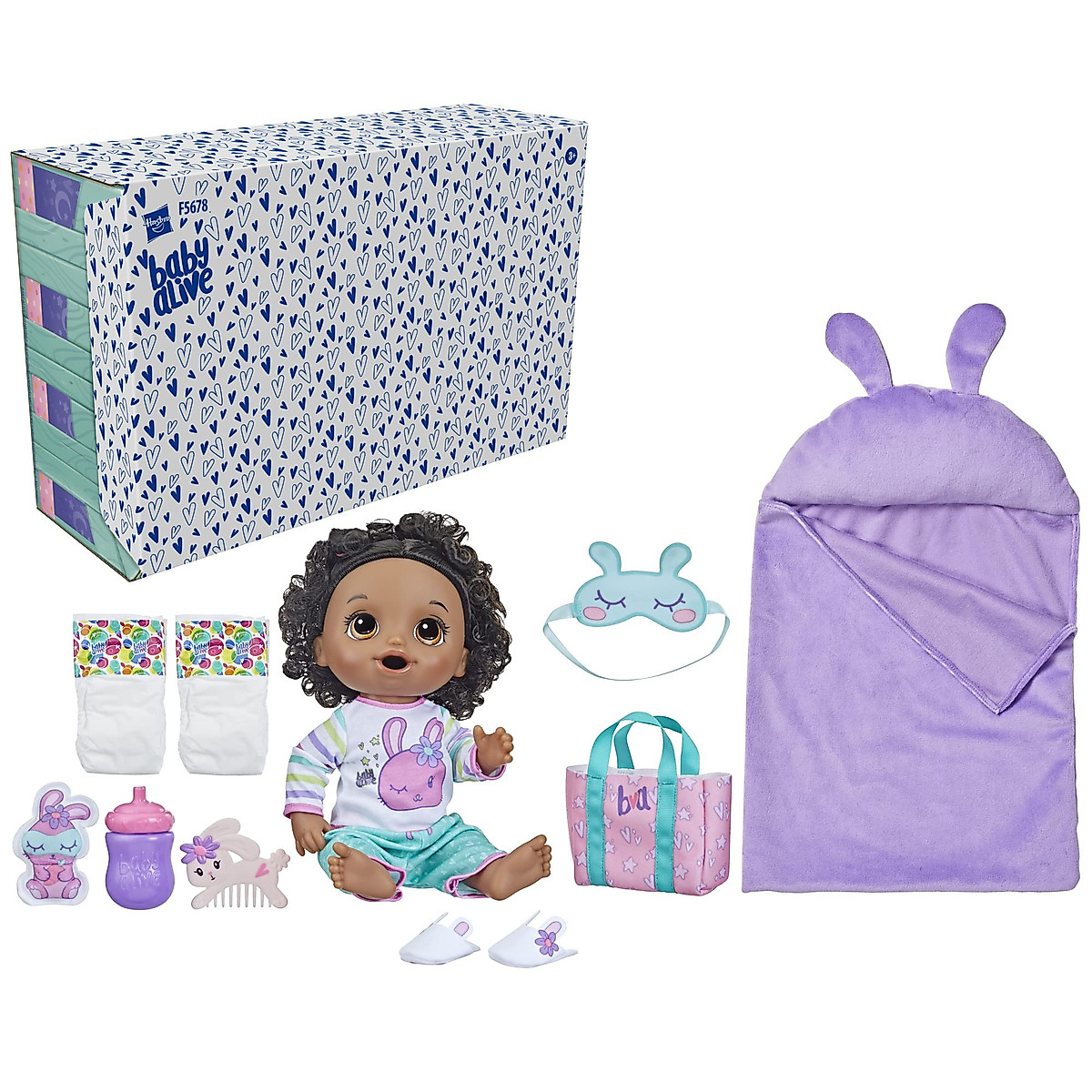 Baby Alive Bunny Sleepover Baby Doll, Bedtime-Themed 12-Inch Dolls, Sleeping Bag & Bunny-Themed Doll Accessories, Toys for 3 Year Old Girls and Boys and Up, Black Hair (Amazon Exclusive)