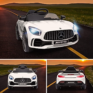 JOINATRE 12V Kids Ride on Car, Licensed Mercedes Benz AMG GTR Electric Cars, Battery Powered Ride on Toys with Remote Control, 3 Speeds, Music, LED Lights and Safety Belt, White