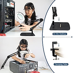 NEW 2-in-1 Magnifier Large Base & Clamp,10X Magnifying Glass with Light and Stand,Remote Control 3 Color Modes 10 Stepless Dimmable,Adjustable Arm Magnifier Lamp for Close Work,Crafts,Painting,Repair.