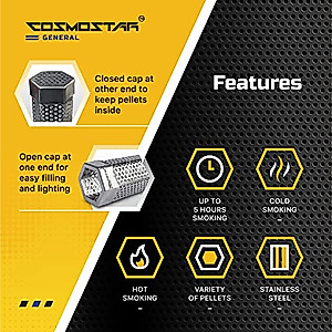 Cosmostar Hexagon Pellet Smoker Tube 12 inches Stainless Steel for Any Grill or Smoker, Hot or Cold Smoking,Premium BBQ Smoker Generator Tube-5 Hours of Billowing Smoke.