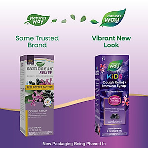 Nature’s Way Sambucus Kids Cough Relief +** Immune Syrup*, Feel Better Faster**, Clinically Proven South African Geranium, with Elderberry Extract, Vitamin C & Zinc, 8 Oz (Packaging May Vary)