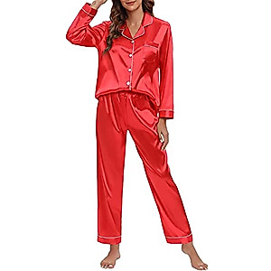 HPWUZK Women's Silk Satin Pajamas Set Long Sleeve Sleepwear Soft Pjs Set Two Piece Button Down Loungewear Pj Set,Red,X-Large
