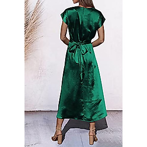 PRETTYGARDEN Women's 2023 Summer Satin Midi Dress Cap Sleeve Tie Waist Elegant A-Line Flowy Dresses (Dark Green,Large)