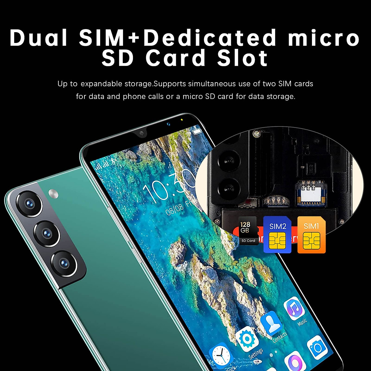 2023 Smartphone, Android Telephone S22+ 3G Smartphone Deca Core 512MB ROM 4GB RAM Mobile Phone US PLug with Earphone, Holiday Gift for Family (BLACK)