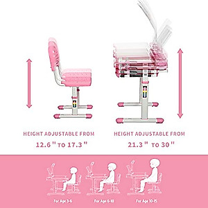 Diroan Kids Functional Desk and Chair Set, Ergonomic Height Adjustable Children School Study Desk with Tilt Desktop, Book Stand, LED Light, Metal Hook and Storage Drawer for Boys Girls(Pink)