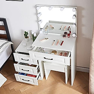 Buildonely Vanity Set with Dimmable LED Light Bulbs and 4 Large Capacity Drawers, Vanity Desk with Mirror and Lights for Makeup, Hair, and Skin Care, Vanity Table for Dressing Room and Bedroom