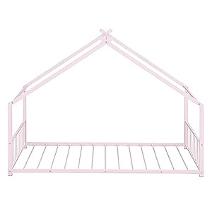 SIYSNKSI Twin Size House Bed, Metal Floor Bed Frame with Roof and Sturdy Slat Support, Platform Bed for Kids Teens Girls Boys Bedroom Furniture, No Box Spring Needed (Pink+ Metal-C35)