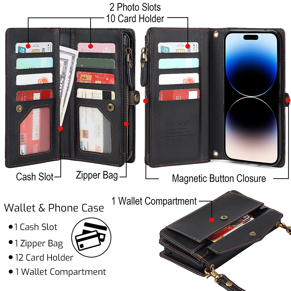 DKDKSIP for iPhone 15 Pro Max Wallet Case for Women, Support Wireless Charging with RFID Blocking Card Holder, PU Leather Zipper Wallet Detachable Magnetic Phone Case with Crossbody Strap, Black