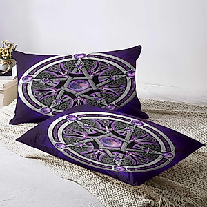 Bedding Sheet Bed Sets, Purple Wicca Wiccan Star Pentagram Pentacle Soft 3-Pieces Duvet Cover Set Comfy 1 Comforter Cover & 2 Pillowcases for All Season Full(79"×90")
