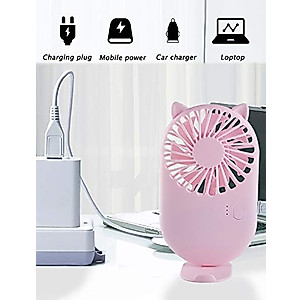 YUERR Portable Mini Fan Handheld Fans For Cooling Air 3 Speeds Adjustable USB Rechargeable Small Table Desk Fan Personal Quiet Eyelash Fan For Kids Women Men Home Office Travel(Pink Kitten)