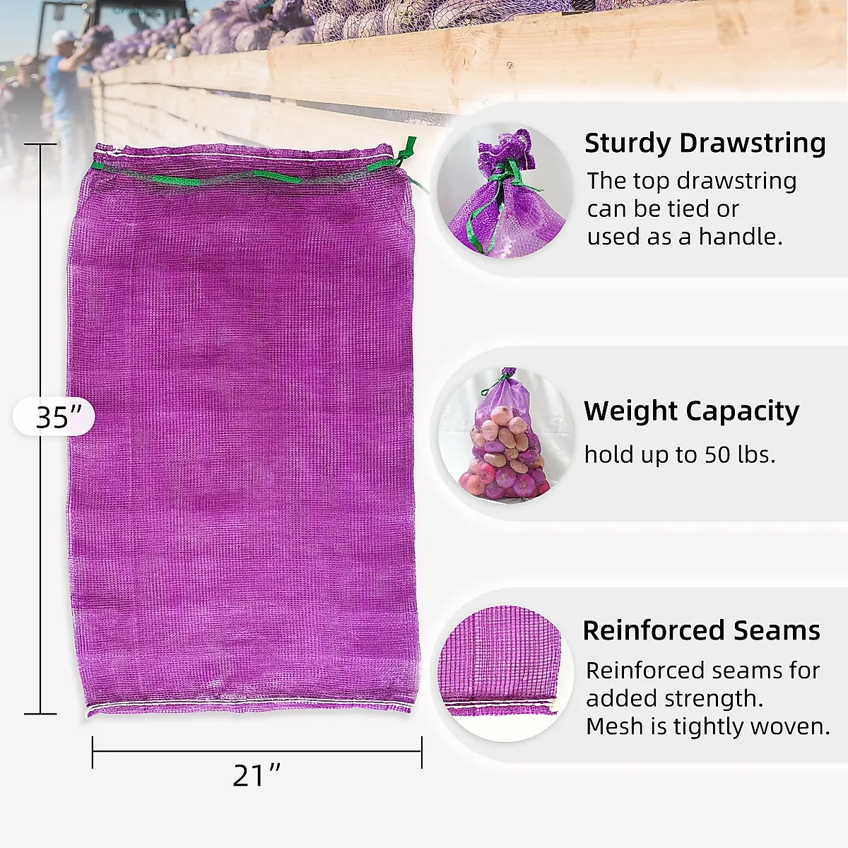 deebree Crawfish Sacks, 21"×35" Extra Large Onion Bags 50lb Capacity Heavy Duty Mesh Bags for Vegetables Seafood, Net Produce Storage Bags for Potato Shellfish Oyster Firewood, Purple 10 Pack