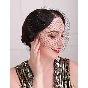 Aimimier Bridal Short Veil with Pearl Comb 1920s Flapper Fascinator Mesh Veil Single-layered Birdcage Veil for Wedding (Black)