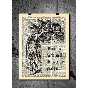 Alice In Wonderland Who In The World Am I Quote Dictionary Art Print - Vintage Dictionary Print 8x10 inch Home Vintage Art Wall Art for Home Decor For Living Room Bedroom Ready-to-Frame