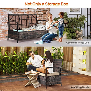 VINGLI 40 Gallon Outdoor Bench with Storage, Wicker Deck Box, Rattan Outdoor Storage Box, Patio Sofa Storage Bench with Cushion for Porch, Yard, Lawn, Garden (Brown)