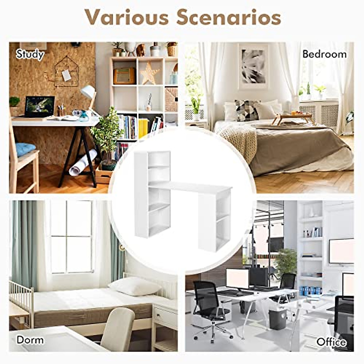 COSTWAY White Computer Desk with Shelves, 48” Study Writing Desk with 6-Tier Storage Shelves, Reversible Study Workstation w/Wide Base for Home, Office & Dorm, Easy Assembly