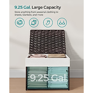 SONGMICS Storage Basket with Lid, 9.2 Gallon (35L) Storage Bin, Woven Blanket Storage Basket with Handles, Foldable, Removable Liner, Metal Frame, for Bedroom, Laundry Room, Brown URST040K01