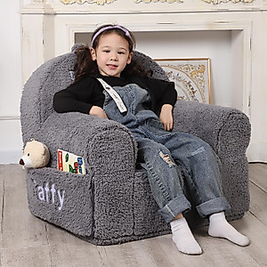 MOMCAYWEX Personalized Kids Chair, High Back Toddler Sherpa Chair, Customize with Name, Grey