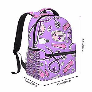 DMORJ Nurse Pattern Purple Lightweight Casual Student Backpack =>> Light And Portable, Suitable For School, Work, Weekend Vacation, Travel, 7.8x11.4x15.7 Inch