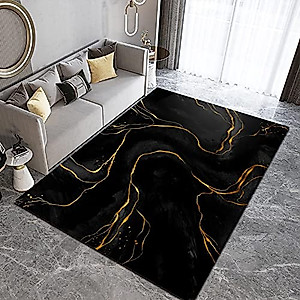 Black and Gold Marble Lines Kids Rug, Abstract Luxury Indoor Non-Slip Area Rugs, Machine Washable Breathable Durable Carpet for Front Porch Entryway Decor Doormats 5' by 7'